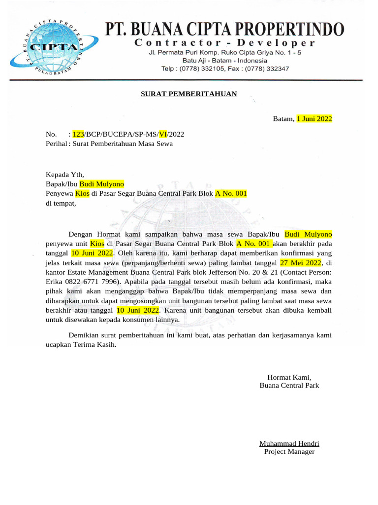 Surat Pemberitahuan Berakhir Masa Sewa | PDF