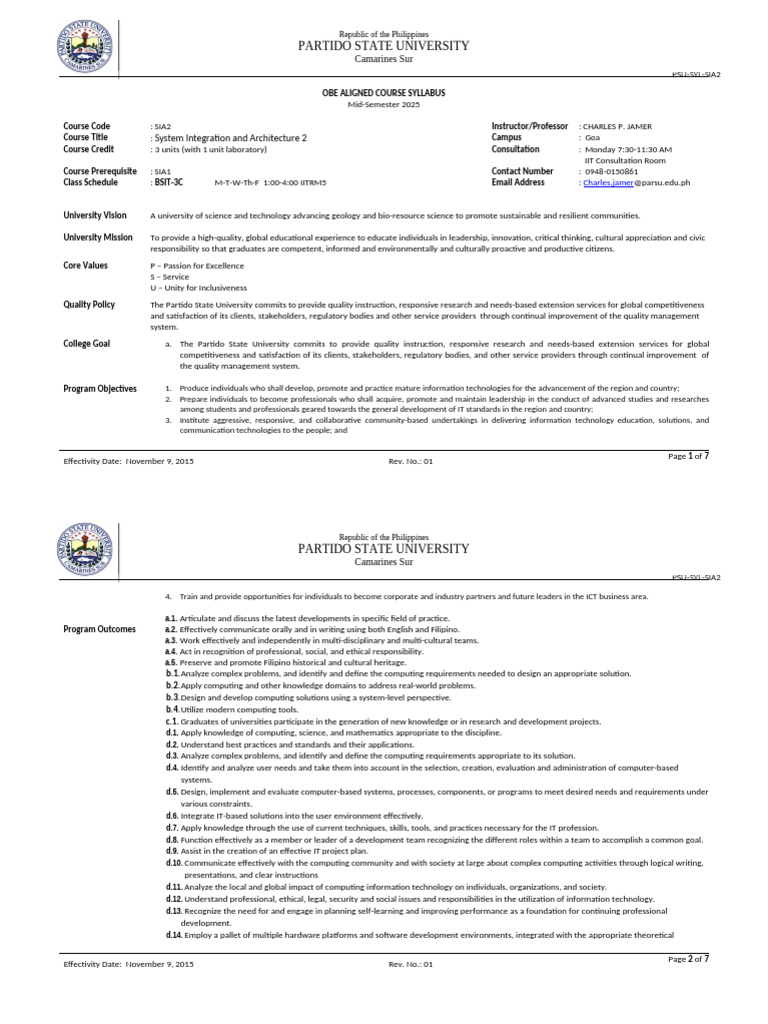 SIA2 Course Syllabus BSIT 3C 24 M | PDF | Computing | System