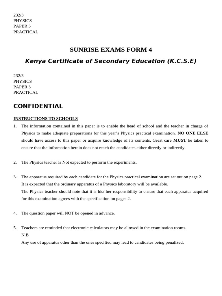 KCSE 2012 Physics Paper 3 Instructions | PDF