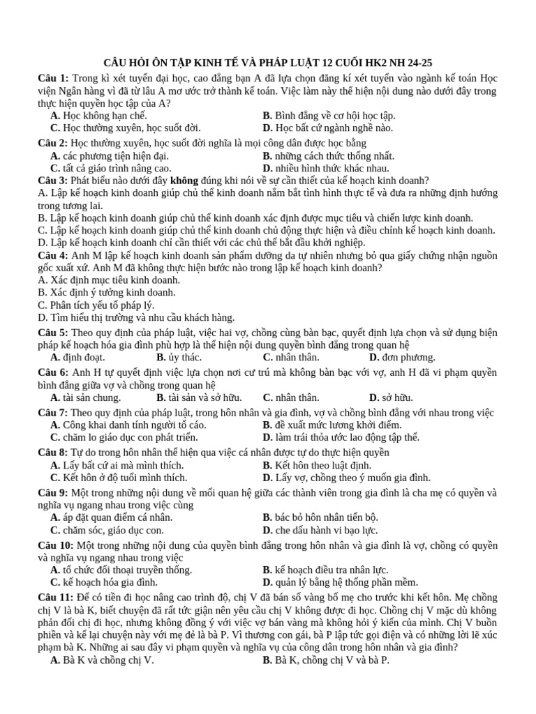 Ôn Tập KTPL 12 Cuối Kỳ 2 | PDF