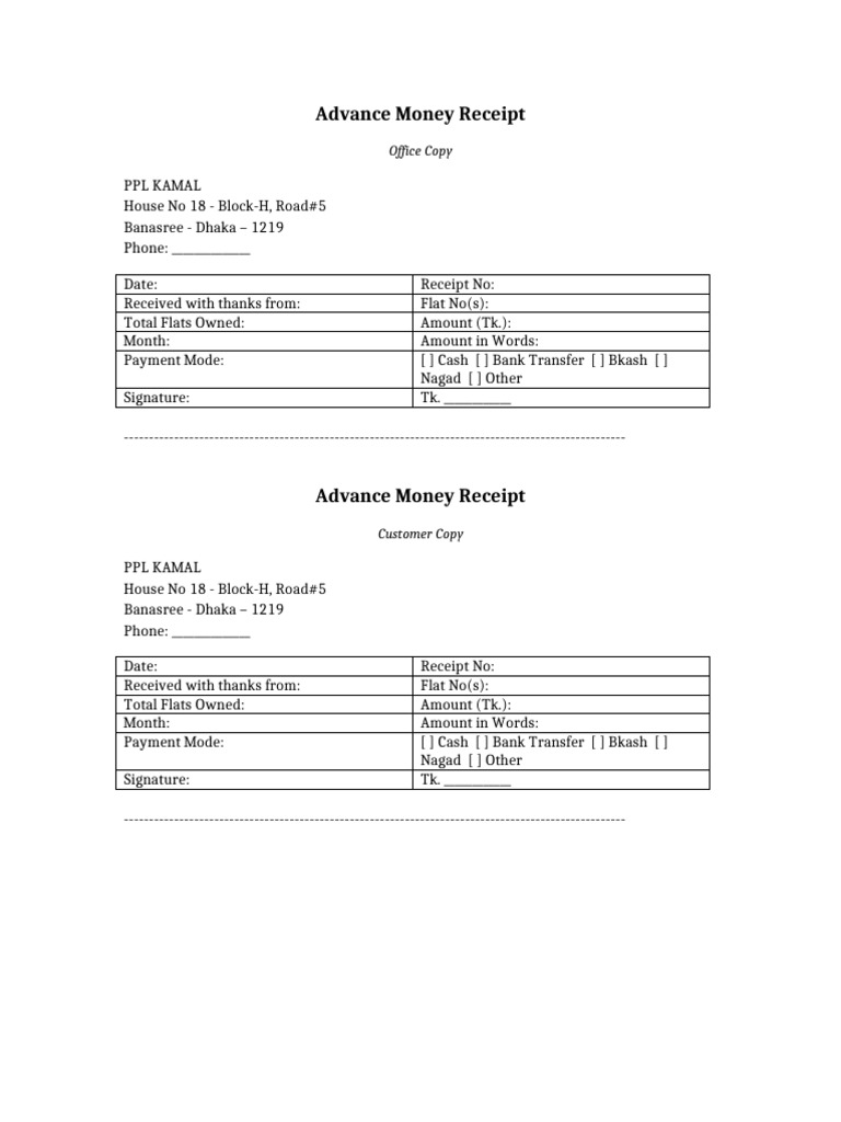 Advance Money Receipt Two Part | PDF
