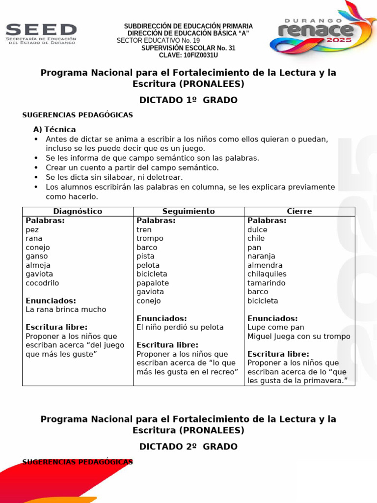 Dictados PRONALEES para 1º y 2º grado | PDF | Educación primaria ...