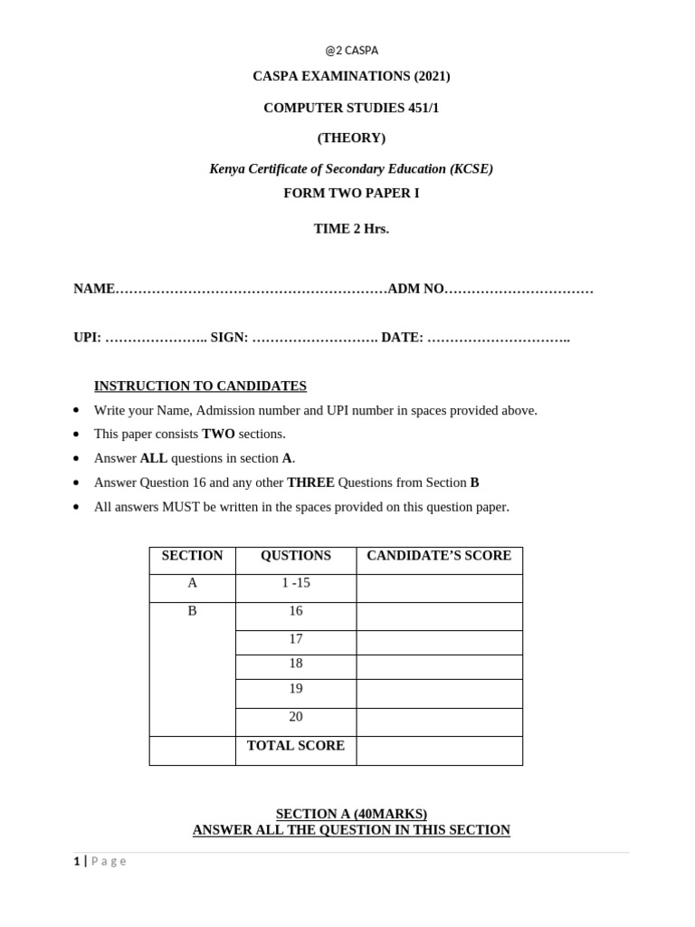 Caspa Computer Studies Form 2 | PDF | Computer Engineering | Computing