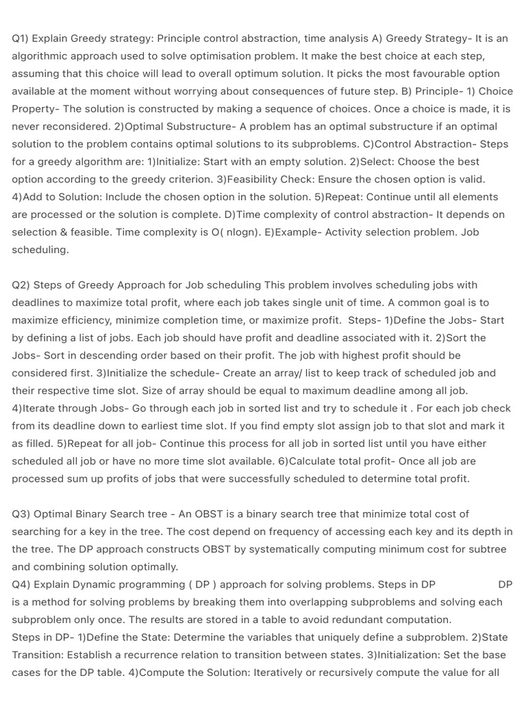 Q1) Explain Greedy Strategy - Principle Control Abstraction, Time Analysis | PDF | Dynamic ...