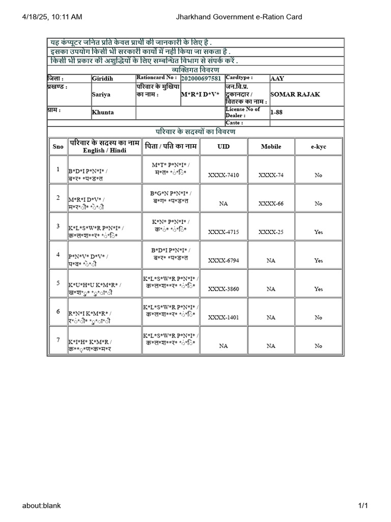 Jharkhand Government E-Ration Card | PDF