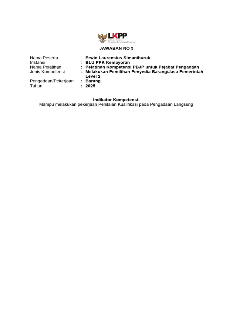 Lembar Jawaban No 3 Buku Kerja Pejabat Pengadaan - Pengadaan Barang) - Els | PDF