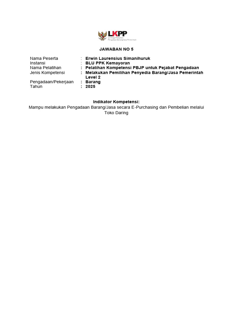 Lembar Jawaban No 5 Buku Kerja Pejabat Pengadaan - Pengadaan Barang) - Els | PDF