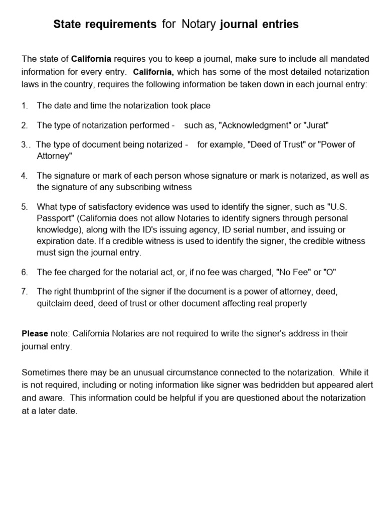 State Requirements For Notary Journal Entries | PDF