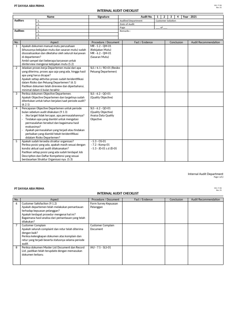 Checklist Audit Pelanggan 2021 | PDF