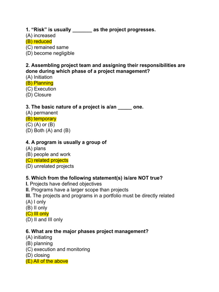 Project Management Quiz 1 Pdf