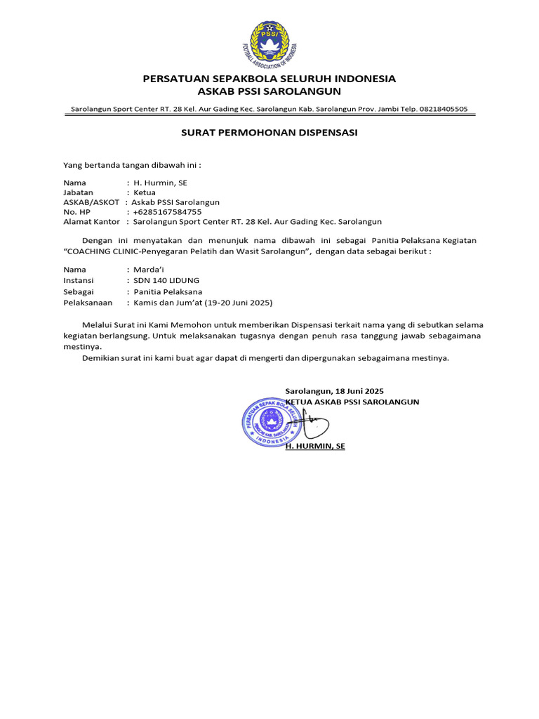 Surat Dispensasi Askab Pssi-marda'i | PDF