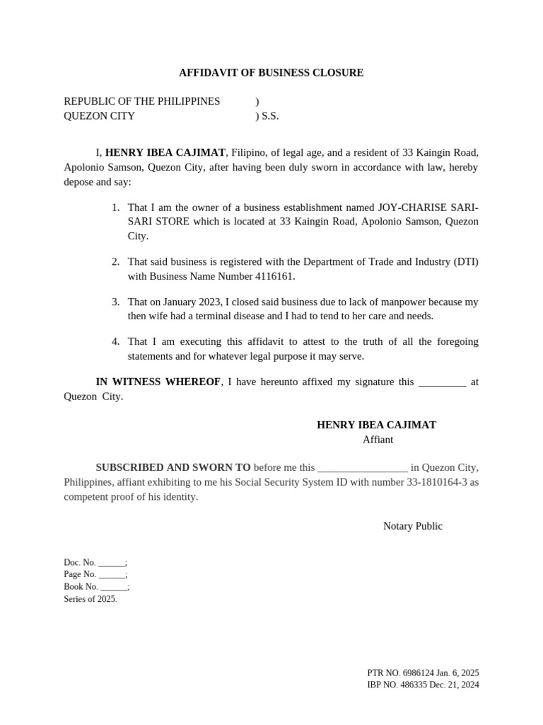 Copy of AFFIDAVIT OF BUSINESS CLOSURE | PDF