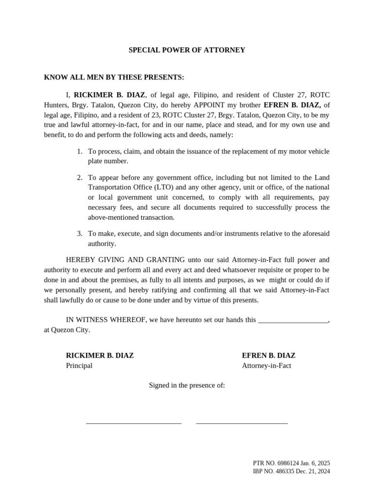 SPECIAL POWER OF ATTORNEY Lost Plates | PDF | Power Of Attorney ...