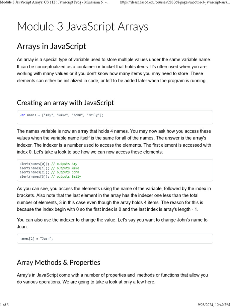 Module 3 JavaScript Arrays - CS 112 - Javascript Prog - Minassian N. - FALL 2024 - SECTION ...
