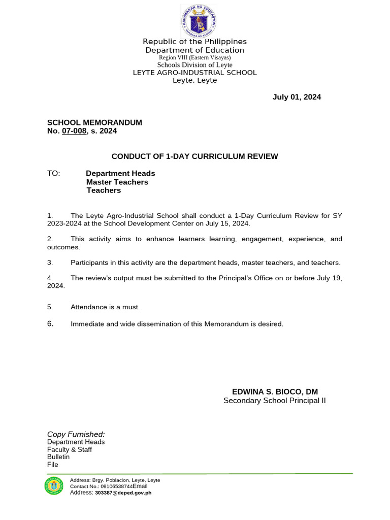 Curriculum Review Memo for Teachers | PDF