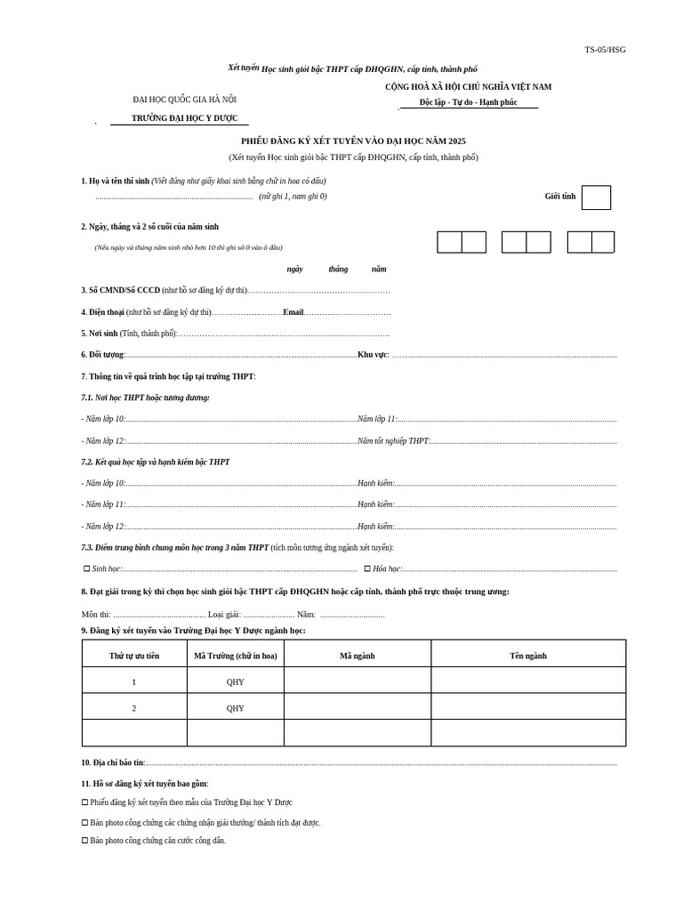 5. Phieu Xet Tuyen Học Sinh Giỏi Bậc THPT | PDF