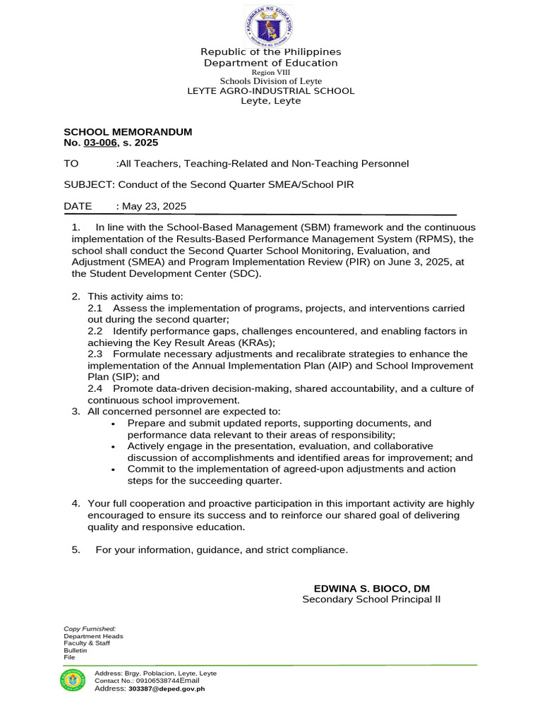Second Quarter School PIR 2025 | PDF