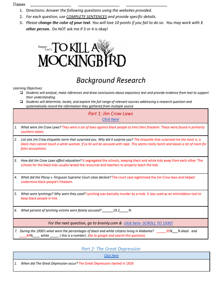Background Research Web Quest - 2024 | PDF | Harper Lee | To Kill A ...