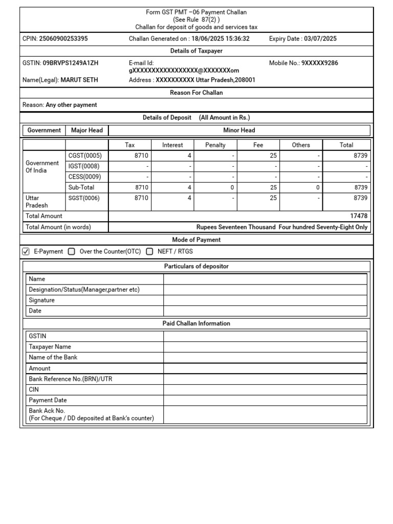 GST PMT-06 Payment Challan Details | PDF | Money | Government Of India