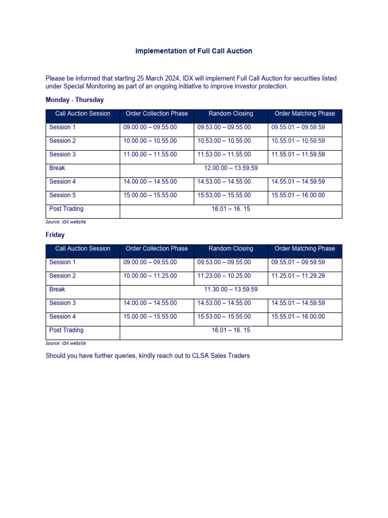 IDX Full Call Auction Implementation | PDF