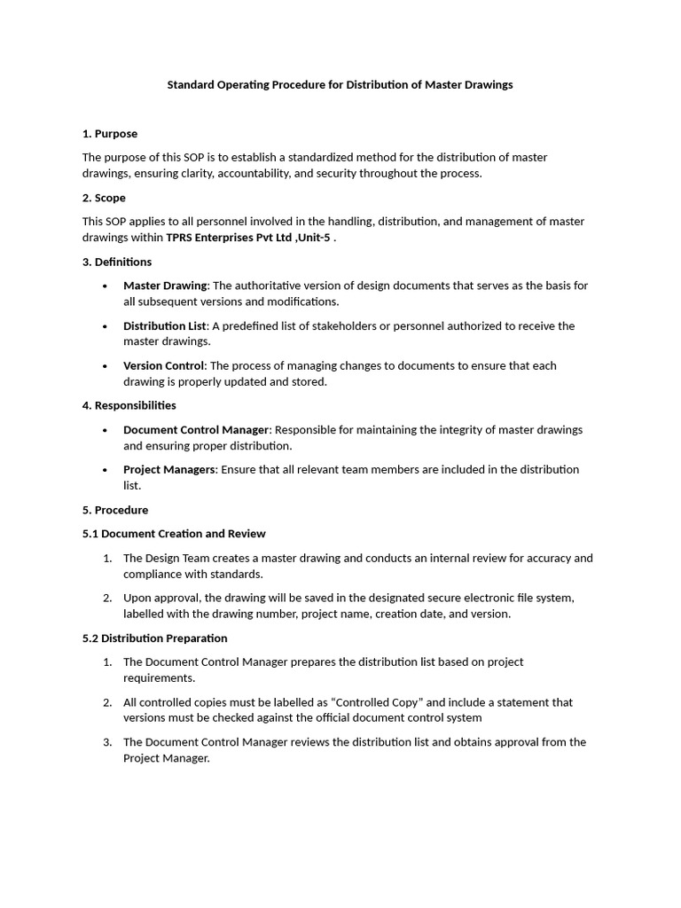 Standard Operating Procedure For Distribution of Master Drawings | PDF ...