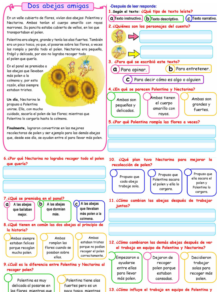 Ficha Del Cuento - Imprimir Dos Abejas Amigas. | PDF