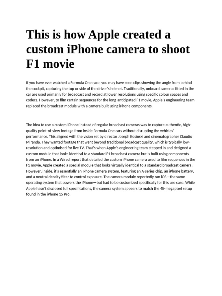 This Is How Apple Created A Custom Iphone Camera To Shoot F1 Movie | PDF