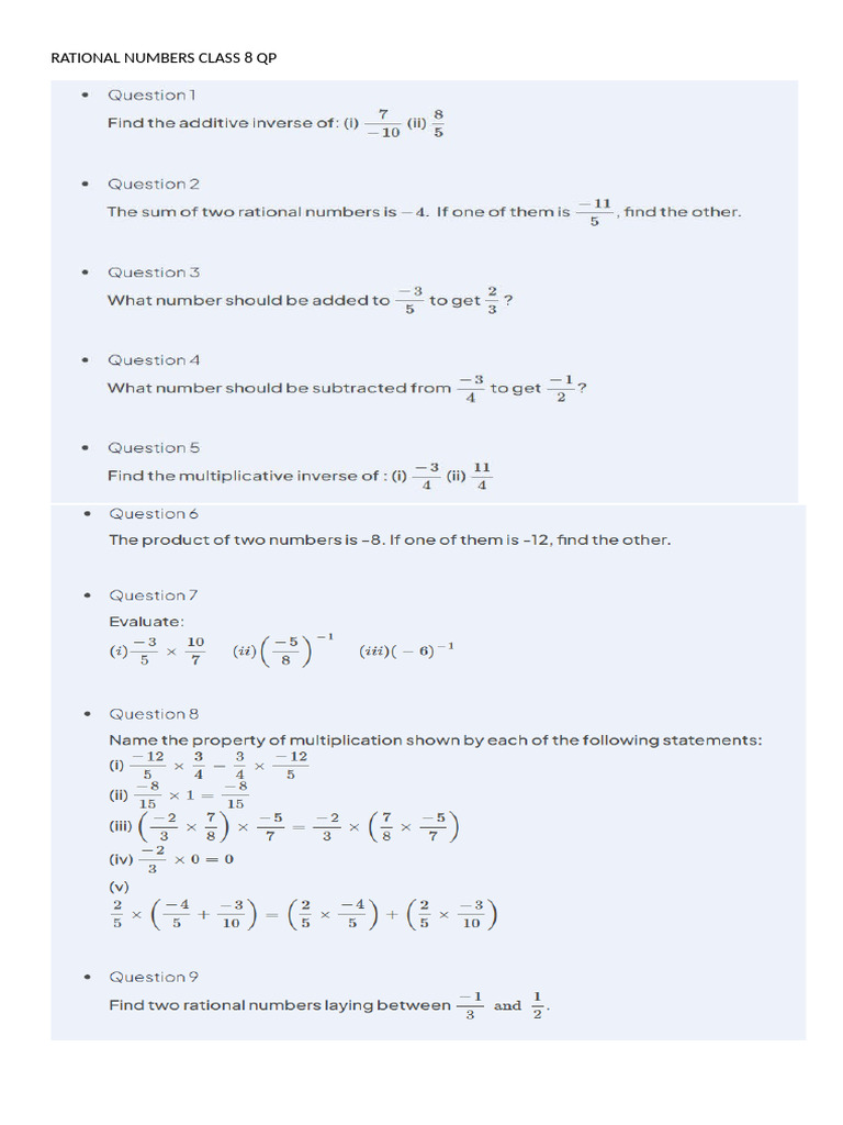Rational Numbers Class 8 QP | PDF