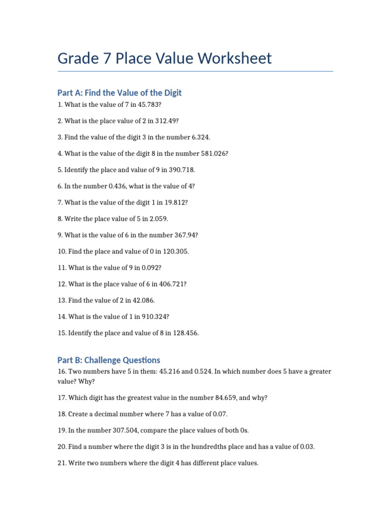 Grade7 Place Value Worksheet | PDF