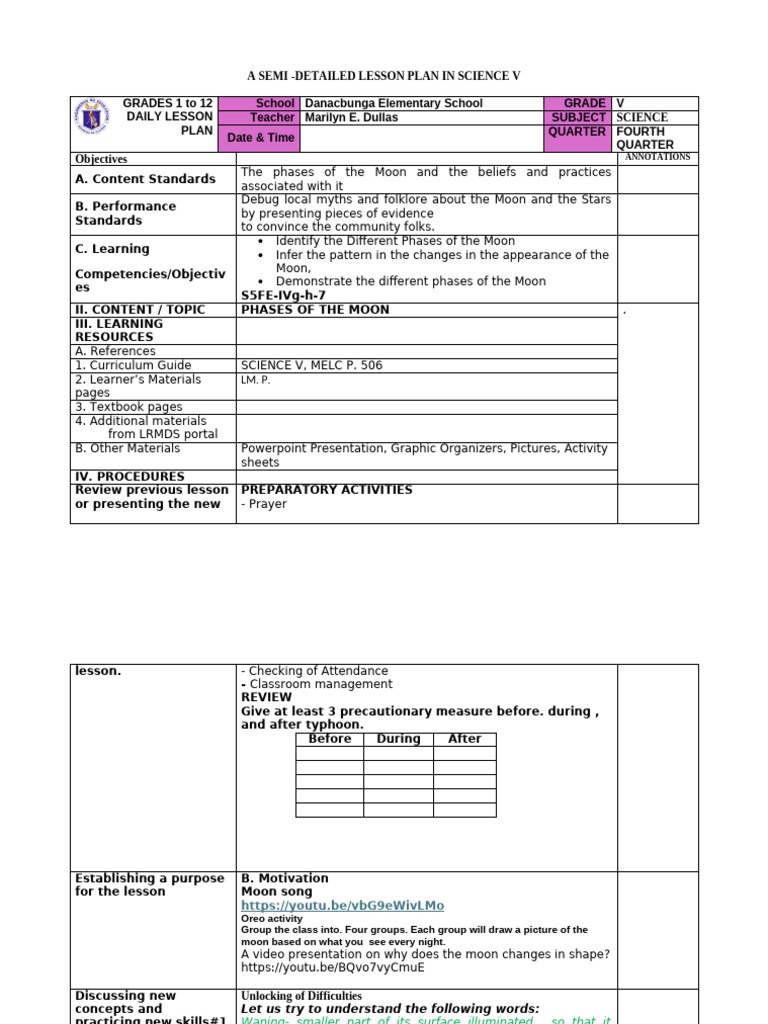 A SEMI Detailed Lesson Plan | PDF | Moon | Astronomy