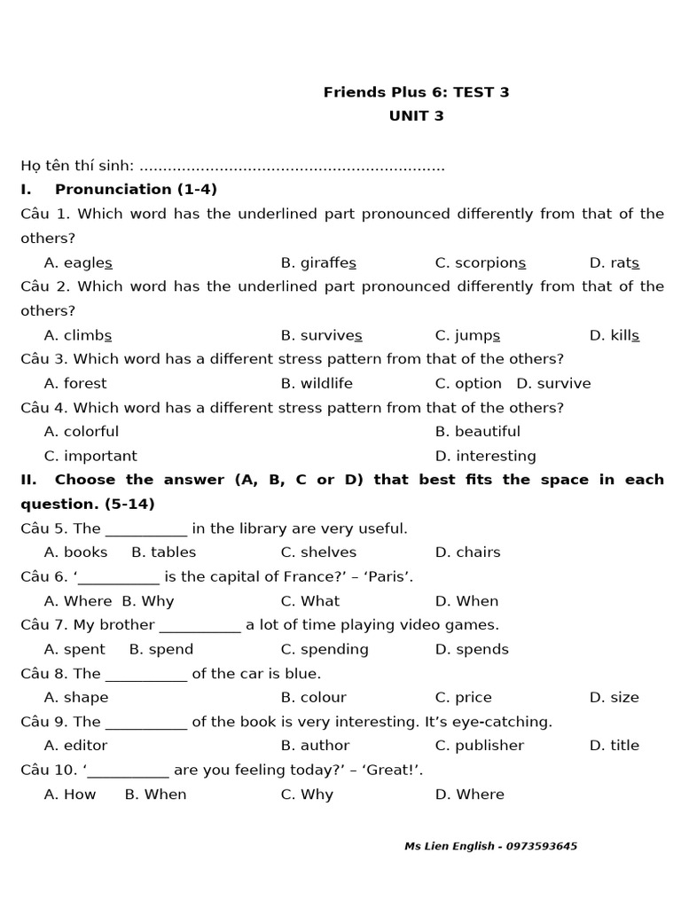Friends Plus 6 Unit 3 Test | PDF | Elephant | Giraffe