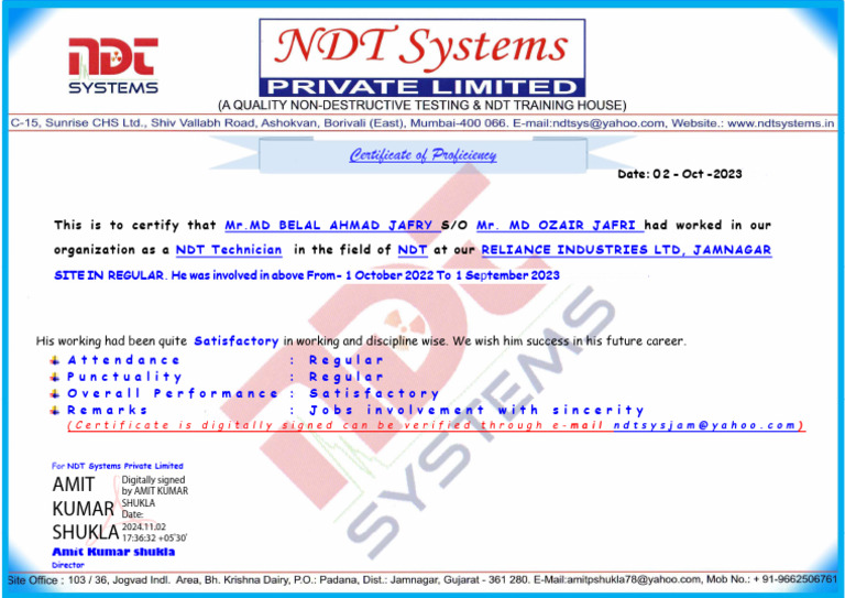 Experience Certificate NDT Technician Certificate | PDF