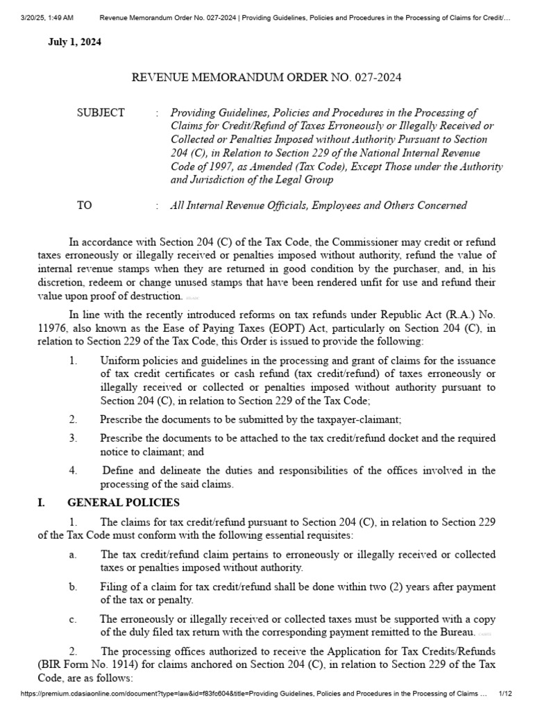 Revenue Memorandum Order No. 027-2024 | PDF | Internal Revenue Service | Taxes