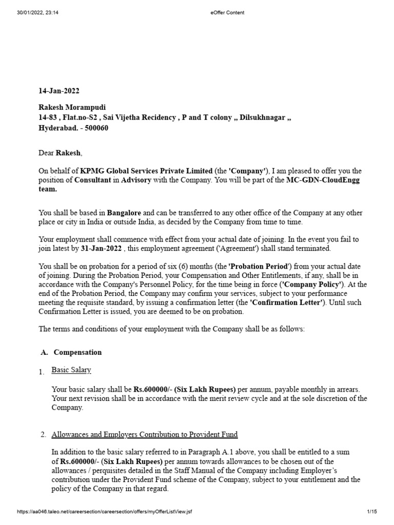 KPMG Consultant Offer Letter Sample | PDF | Taxes | Breach Of Contract