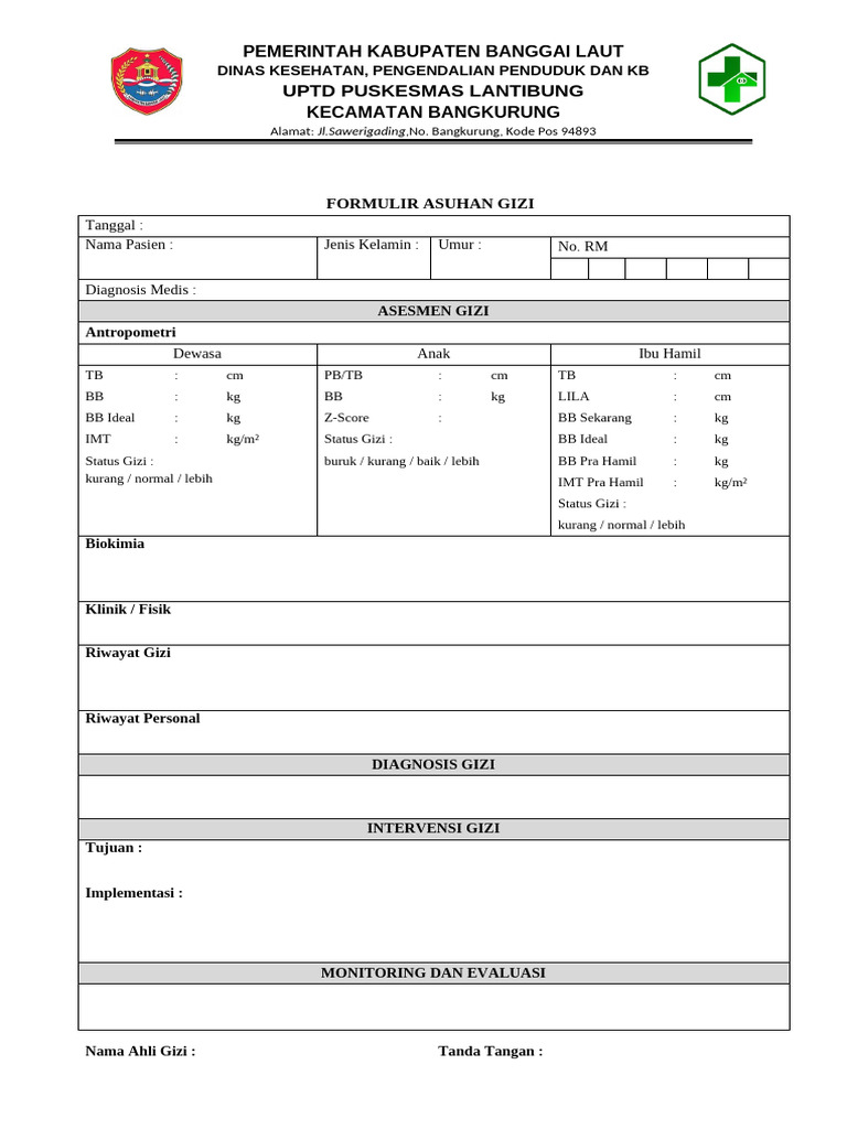 Formulir Asuhan Gizi PKM Lantibung | PDF