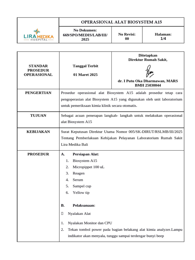 Prosedur Operasional Biosystem A15 | PDF