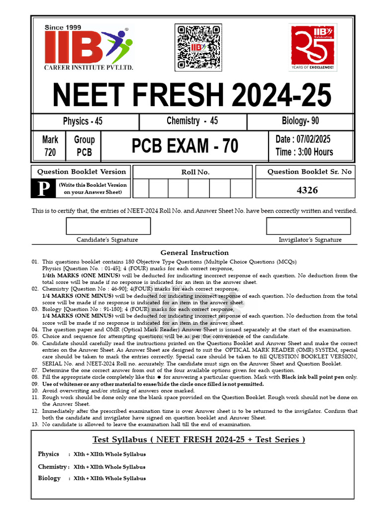 NEET 2024-25 Test Syllabus & Instructions | PDF | Force | Velocity