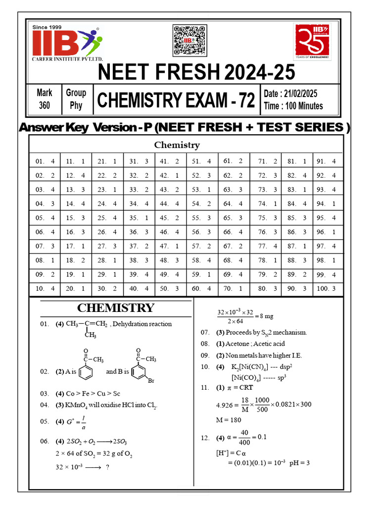 Answer Key + Solution Key NEET FRESH 2024-25 Chemistry EXAM - 72 Dt.21. ...