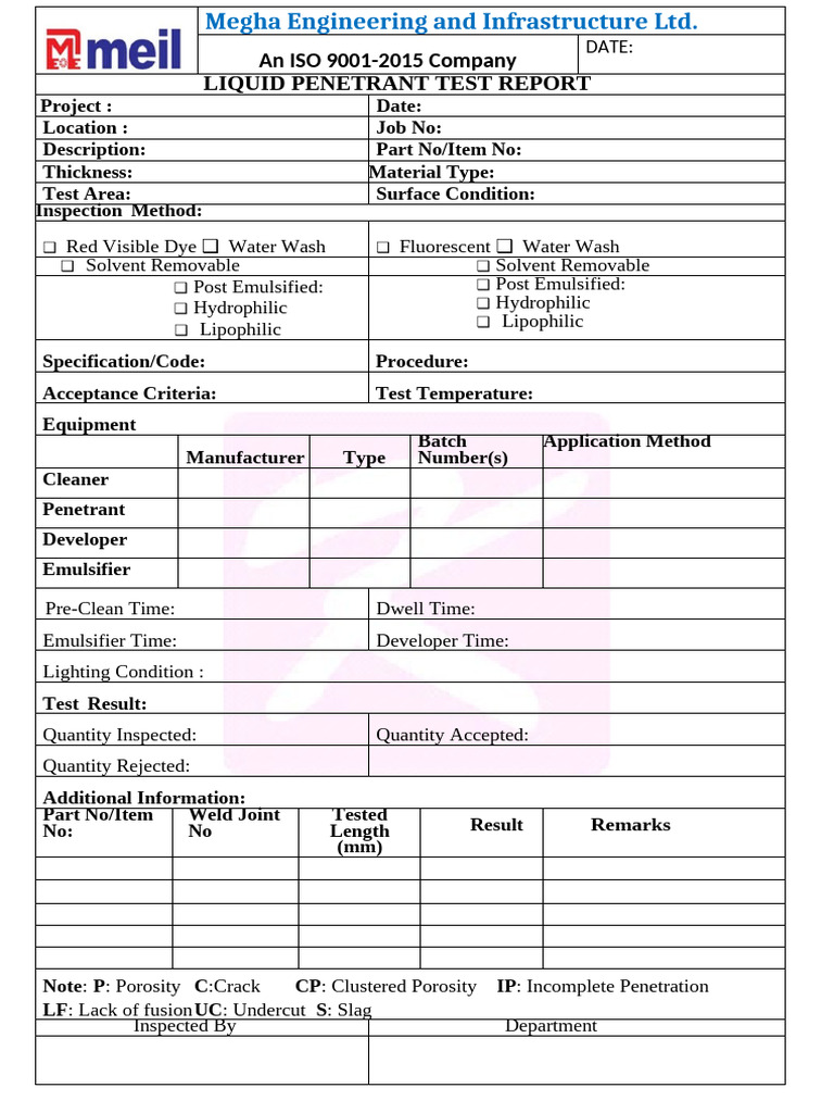 Liquid Penetrant Test Report Format | PDF