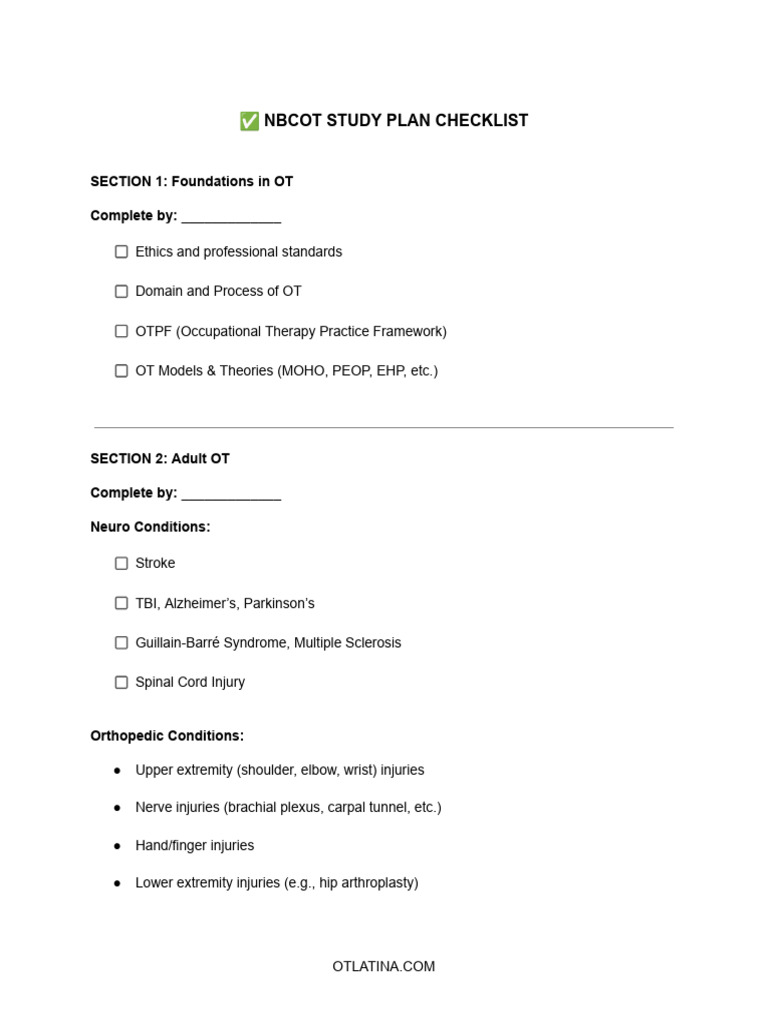NBCOT Study Plan Example | PDF | Hand | Nervous System