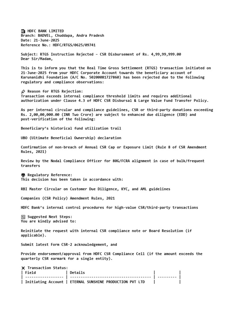 Rtgs Rejection Note | PDF | Regulatory Compliance | Business Law