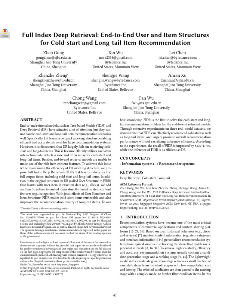 Full Index Deep Retrieval: End-To-End User and Item Structures For Cold-Start and Long-Tail Item ...