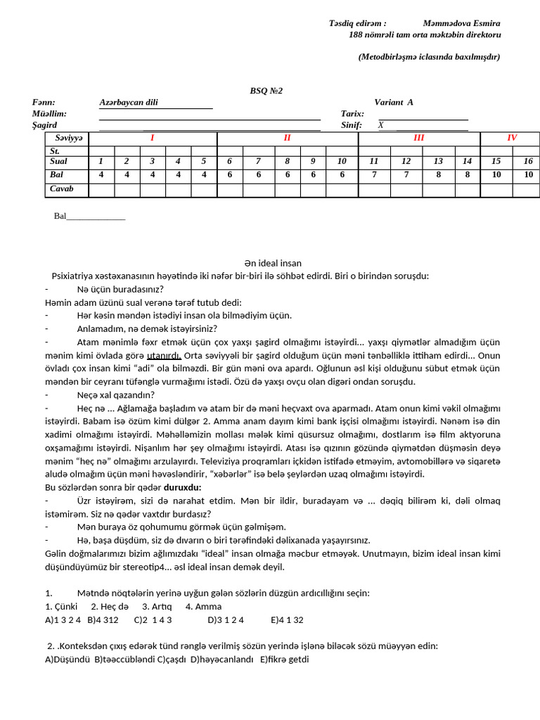 10cu Sinif Azərbaycan Dili BSQ Kopyası | PDF