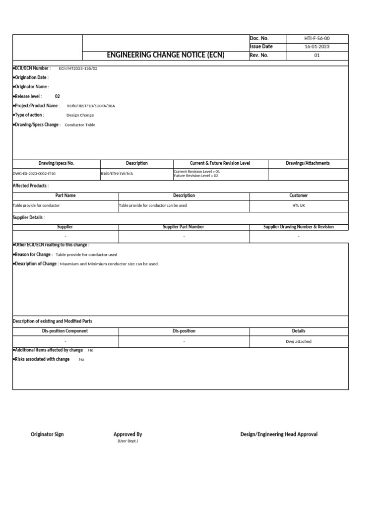 Engineering Change Notice for Conductor Table | PDF