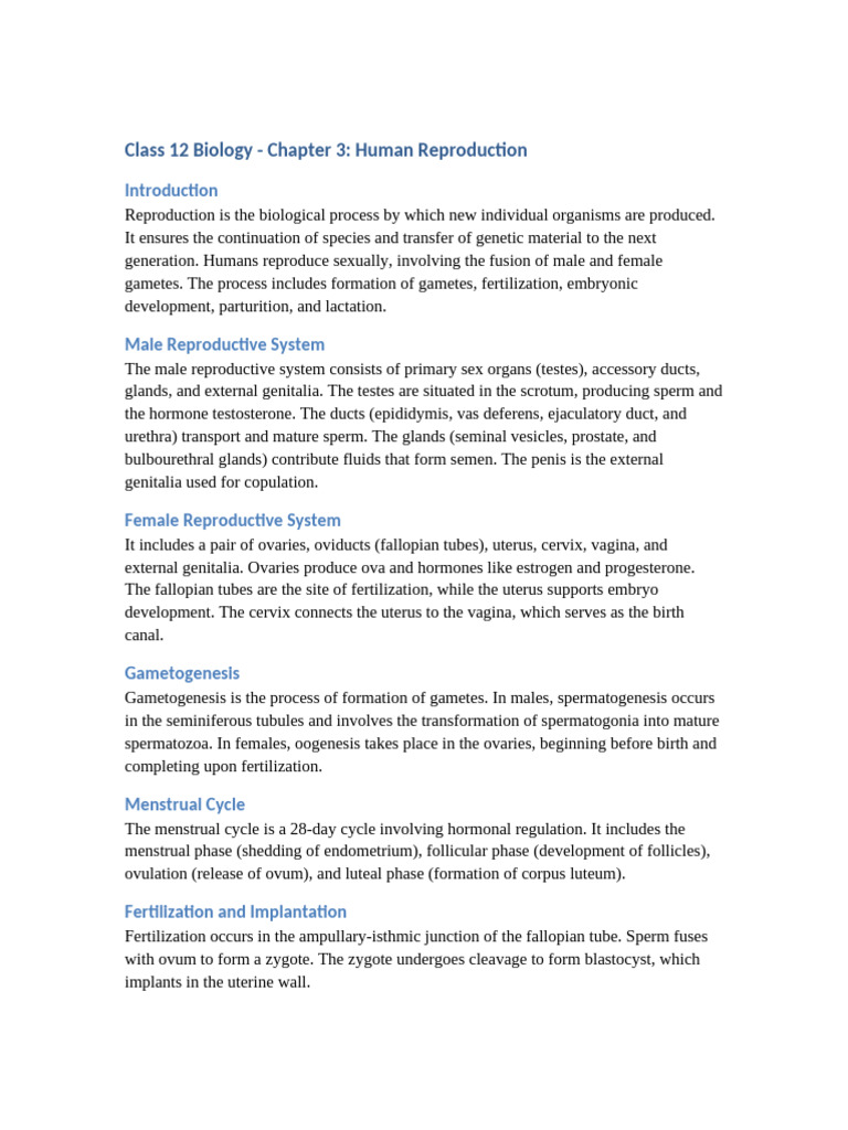 Class 12 Biology Chapter 3 and 4 Detailed Notes | PDF | Human ...