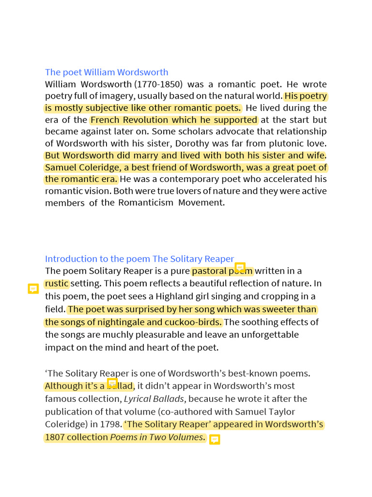 The Solitary Reaper - With Summary | PDF | William Wordsworth | Poetry