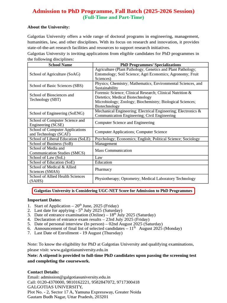 Galgotias University PhD Admission 2025 | PDF | Doctor Of Philosophy ...