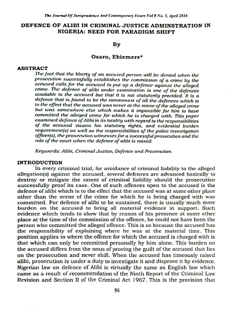 Defence of Alibi in Criminal Justice Adm | PDF | Prosecutor | Arrest