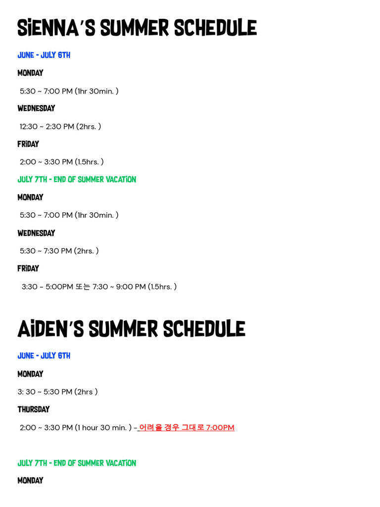 Sienna and Aiden's Summer Schedules | PDF