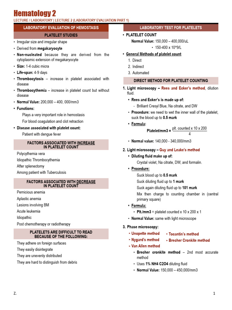 Lec 2 - Lab Evaluation For Primary Hemostasis | PDF | Platelet | Bleeding
